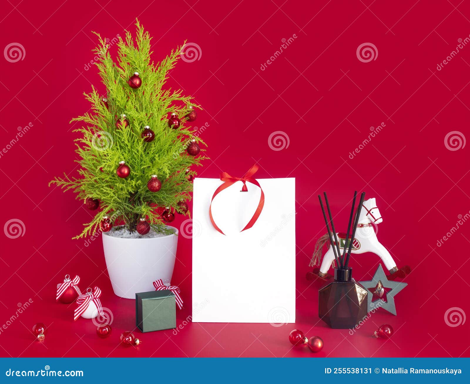 Christmas Mockup on Red Background with New Year S Gift and Decorative ...