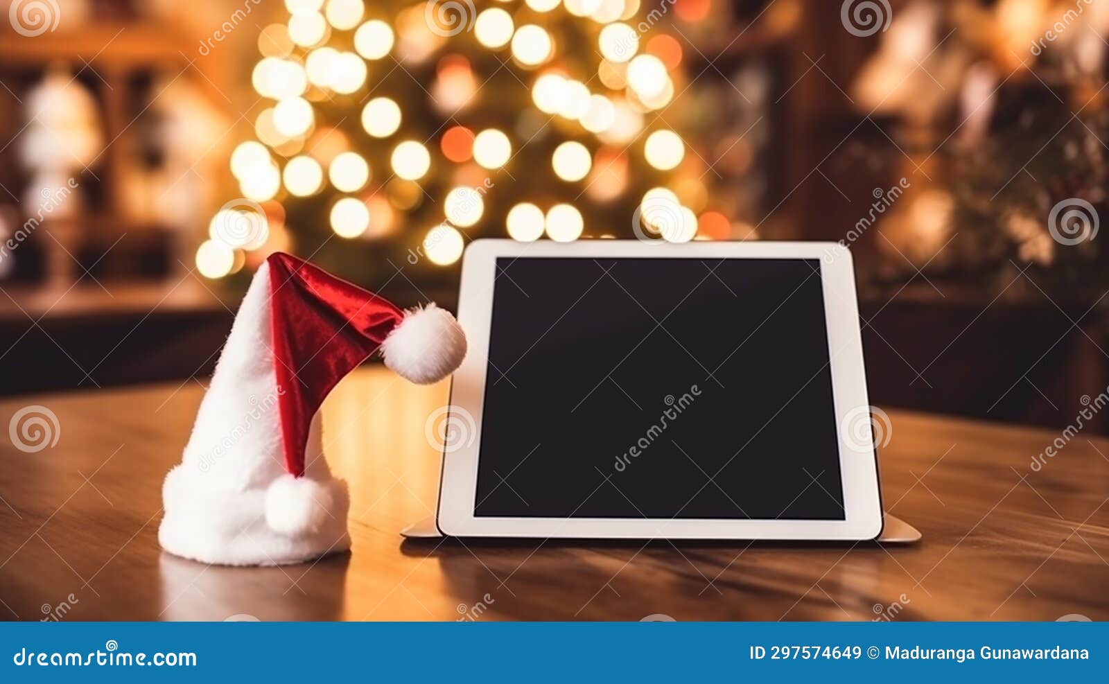 Christmas Mockup: Tablet with Santa Hat on Winter Holiday Background ...