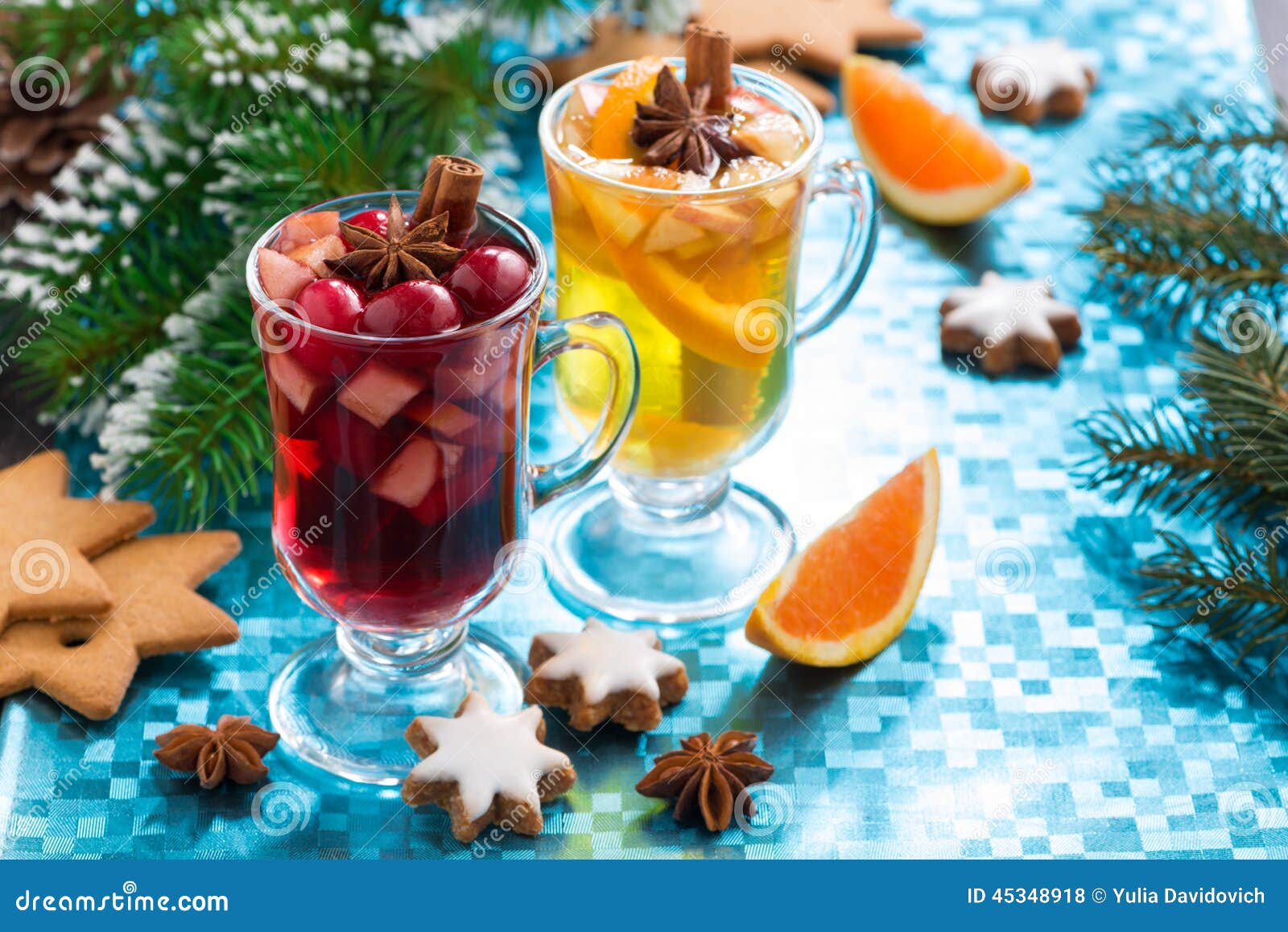 Christmas Mulled Wine and Spiced Apple Cider on Blue Background Stock ...