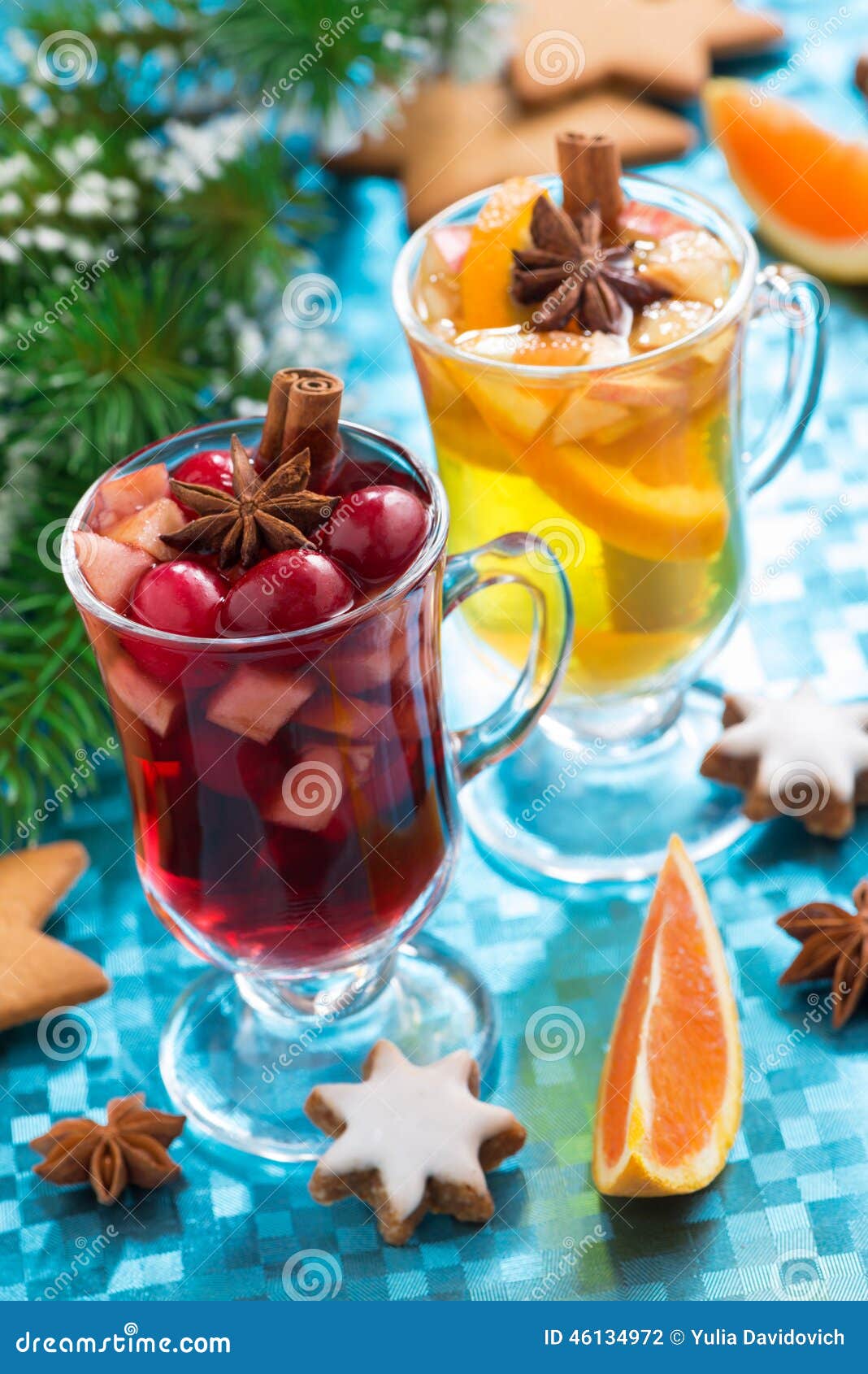 Christmas Mulled Wine and Spiced Apple Cider on Blue Background Stock ...