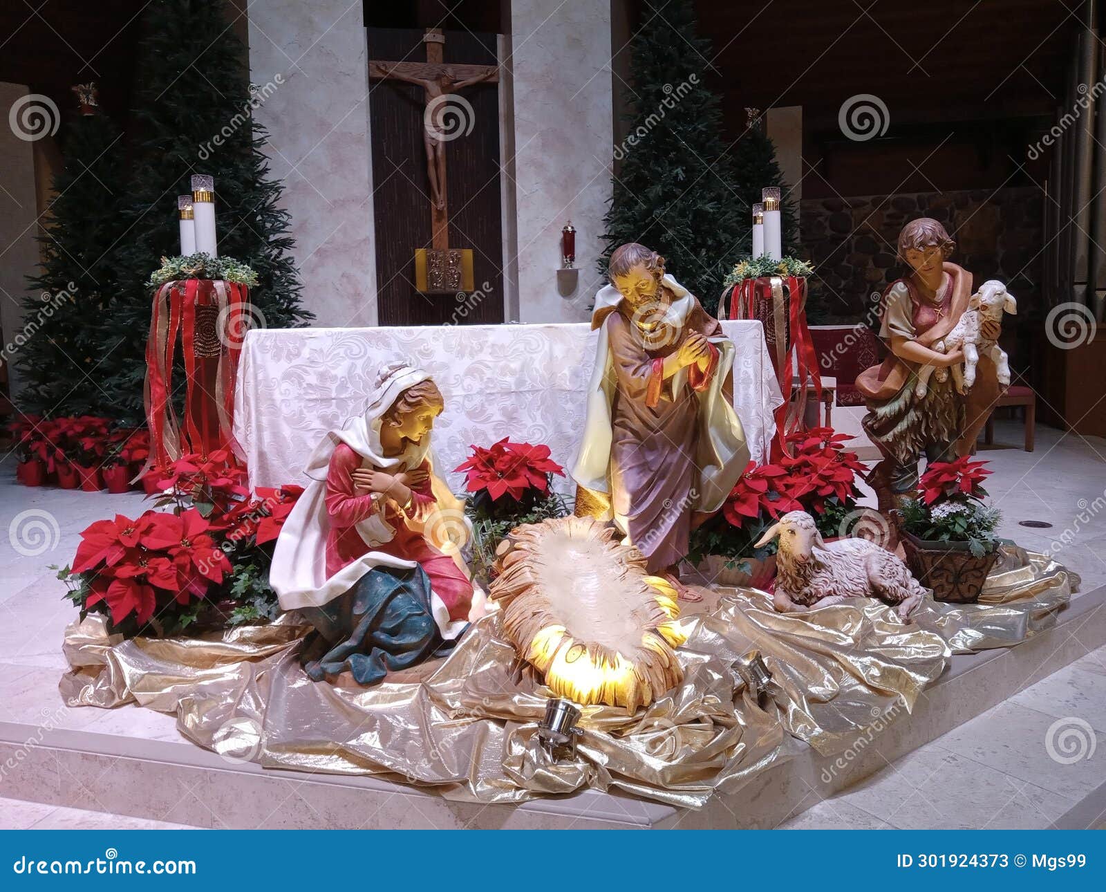 Christmas Nativity Scene in Front of Altar Stock Image - Image of ...