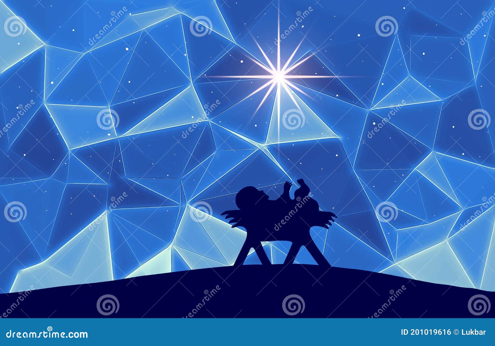 Christmas Nativity Scene on Blue Low-poly Background Stock Illustration ...