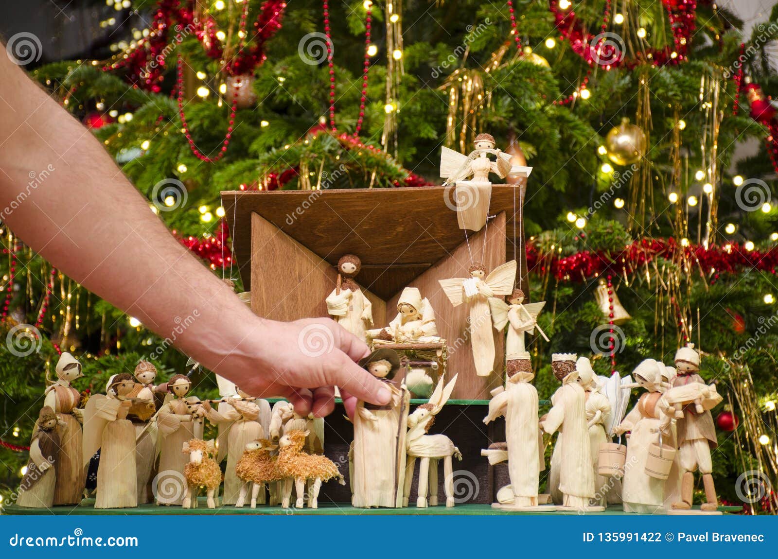 Christmas Nativity Scene with Blurred Chrstmas Tree in Background Stock ...