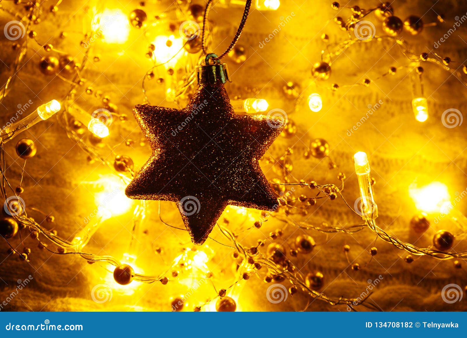 Christmas and New Year Decorations Star on Lights Background Stock ...