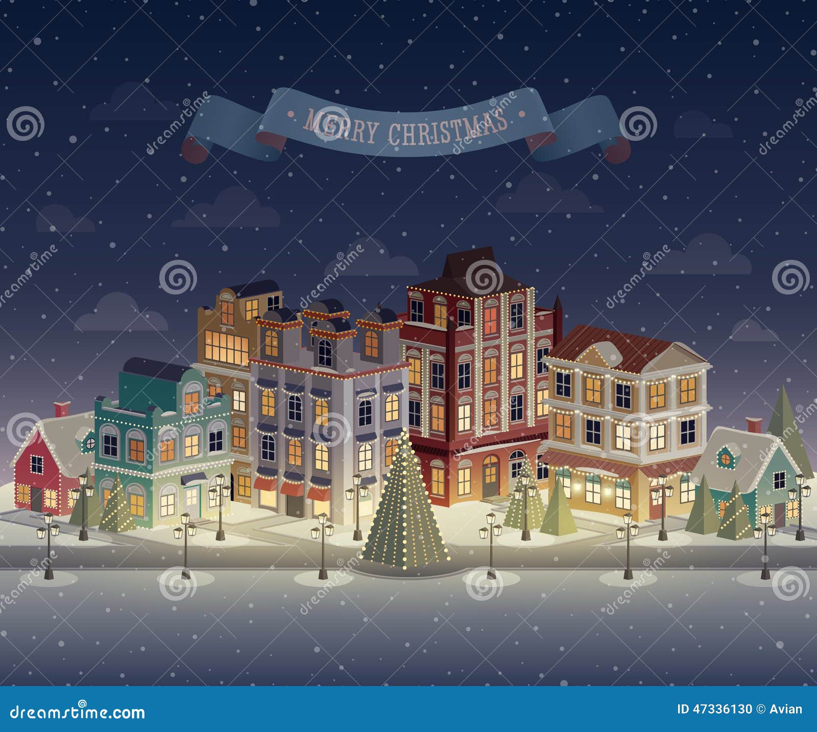 Christmas Night Cityscape and Snowfall. Stock Vector - Illustration of ...