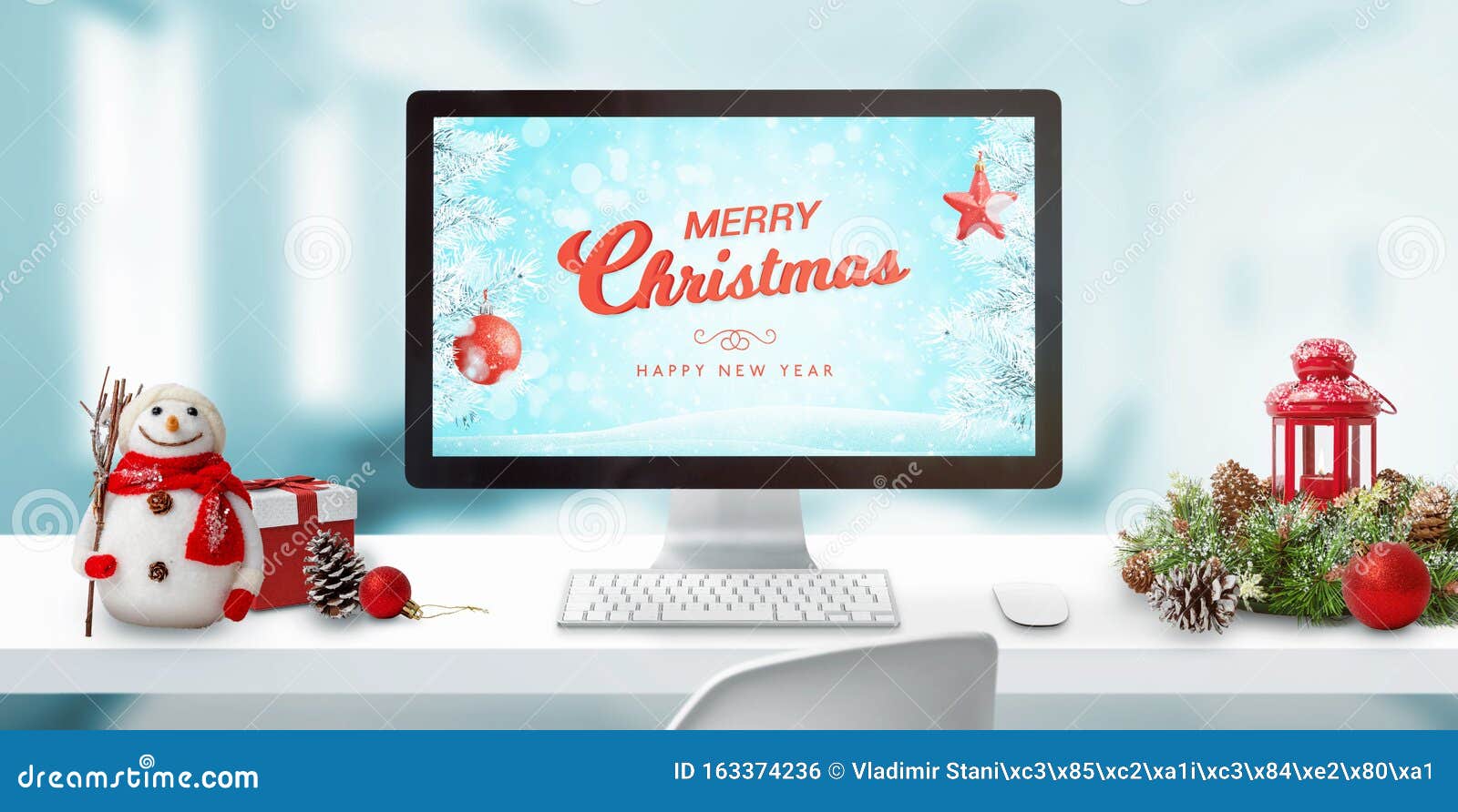 Christmas in Office Concept. Merry Christmas Greeting on Computer ...
