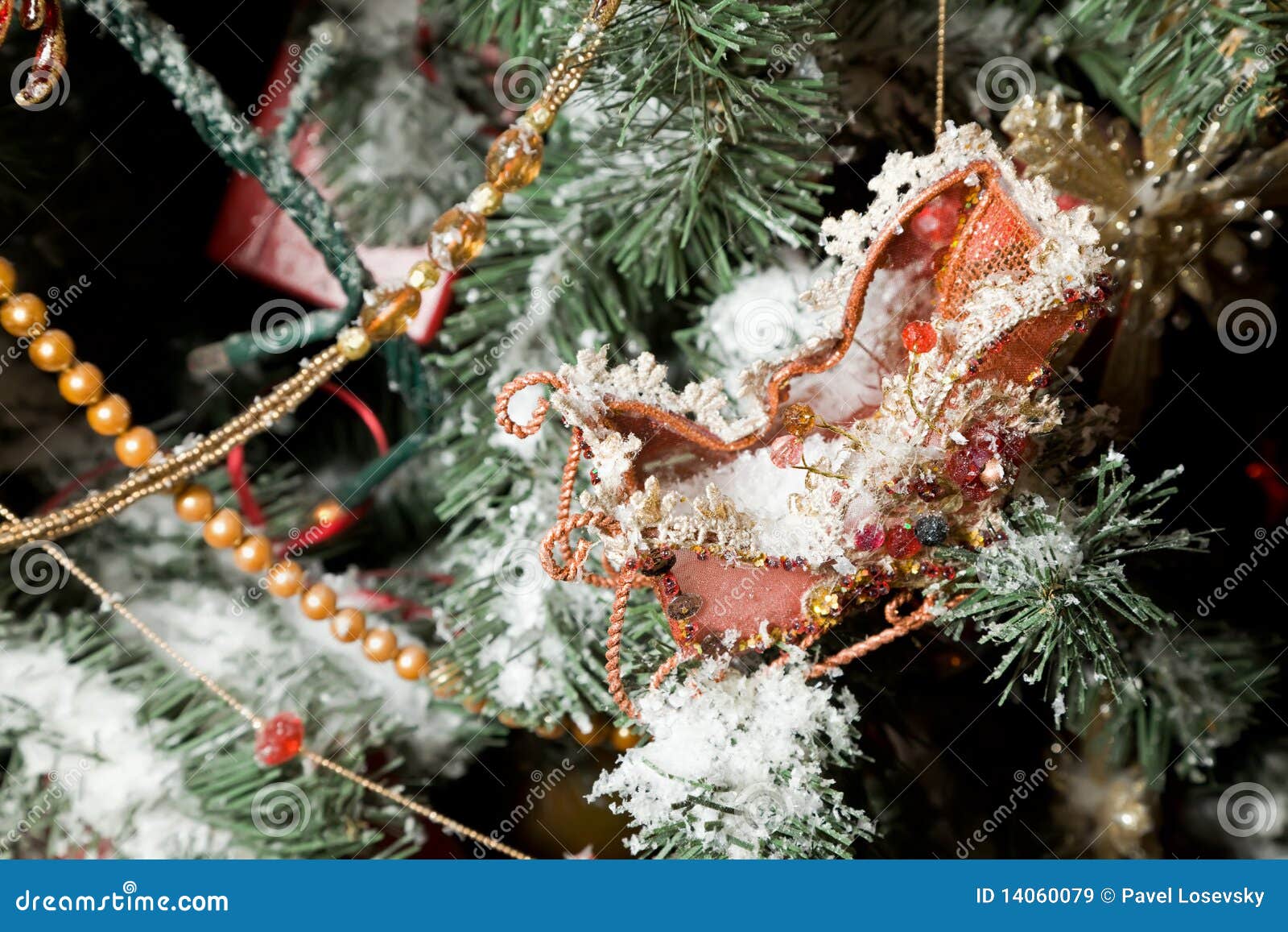 Christmas Ornaments in Form of Sledge on Fir-tree Stock Image - Image ...