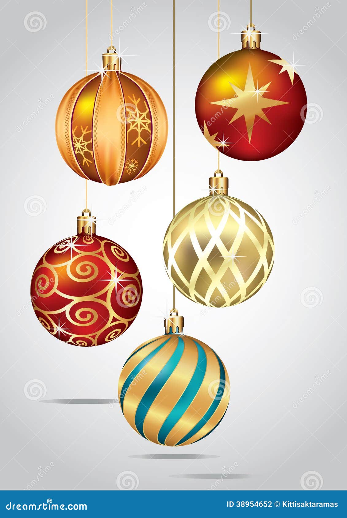 Christmas Ornaments Hanging on Gold Thread. Stock Vector - Illustration ...