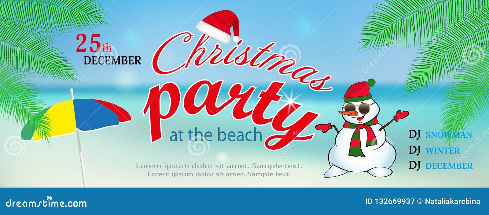 Christmas Party At The Beach Banner Or Poster Seashore Landscape With