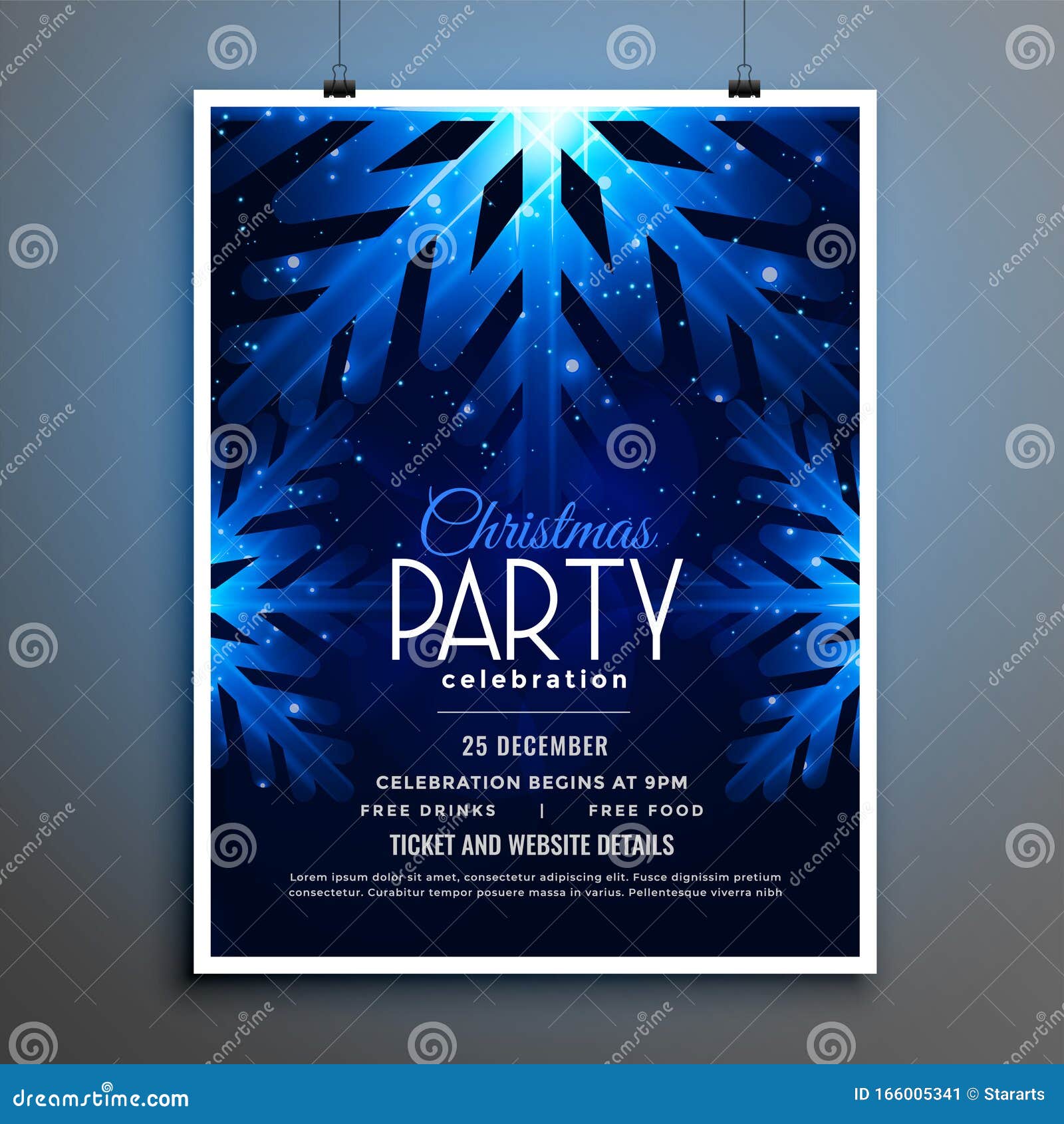 Christmas Party Blue Snowflakes Flyer Template Design Stock Vector ...