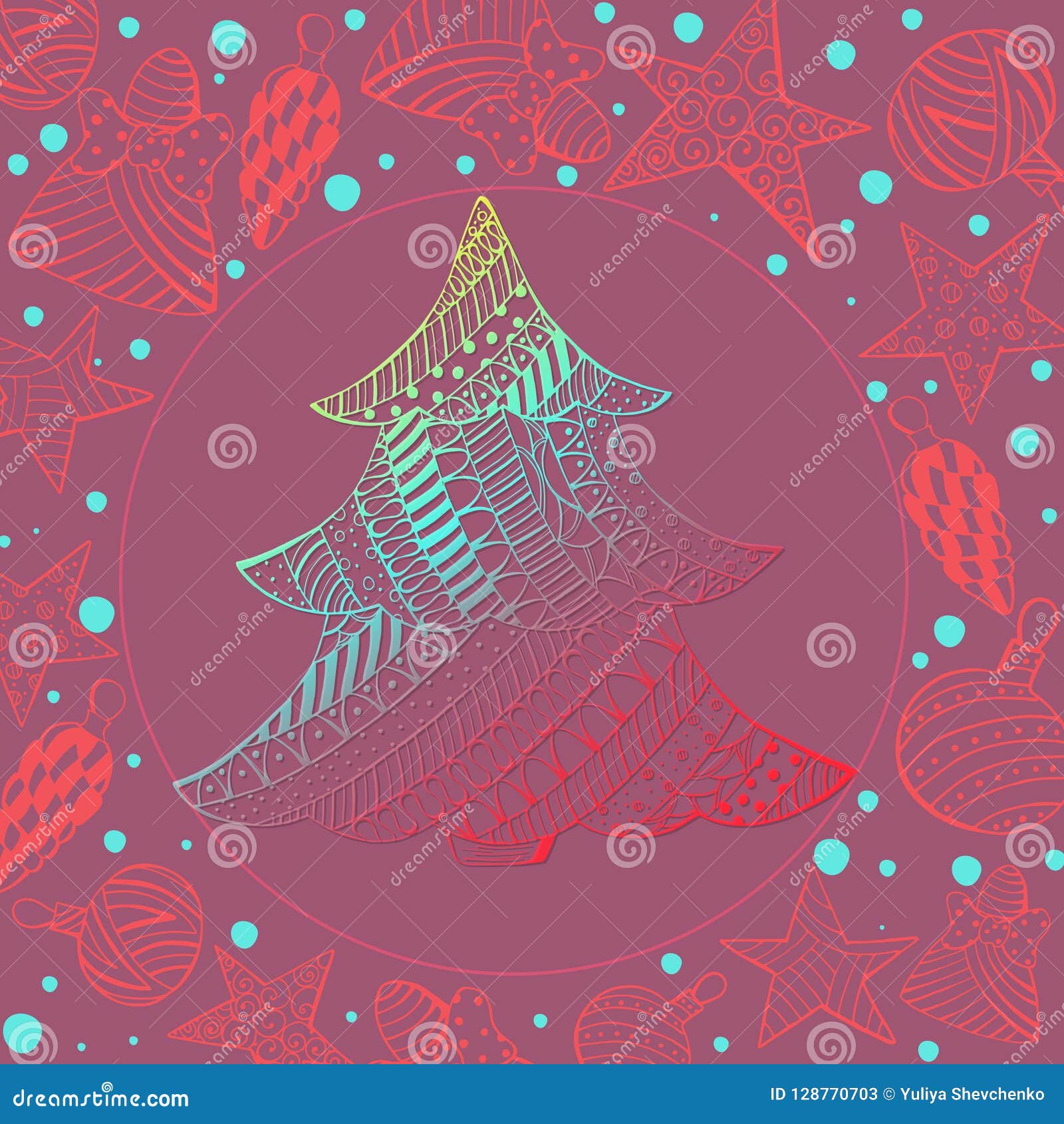 Gradient Christmas Fir Tree and Toys on Maroon Stock Vector ...