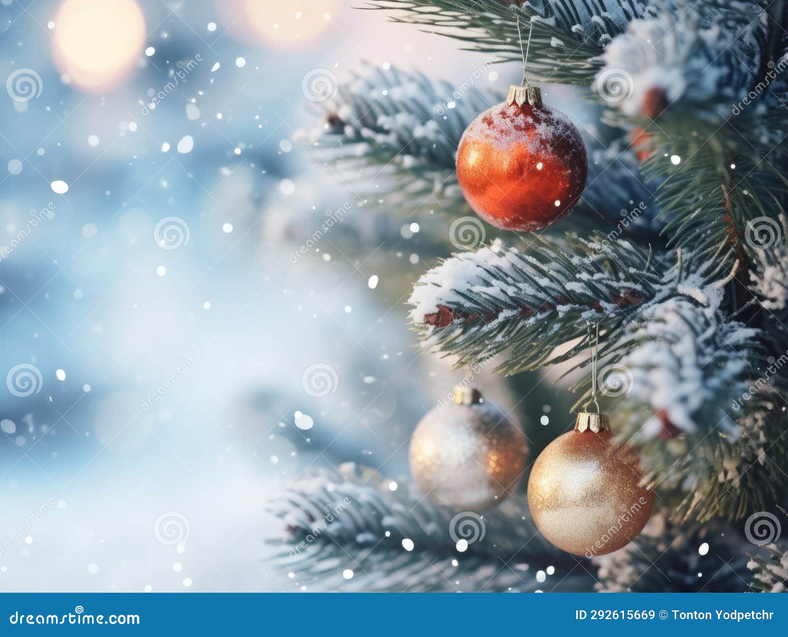 Christmas Pine Tree Christmas Balls with Bokeh Background Stock ...