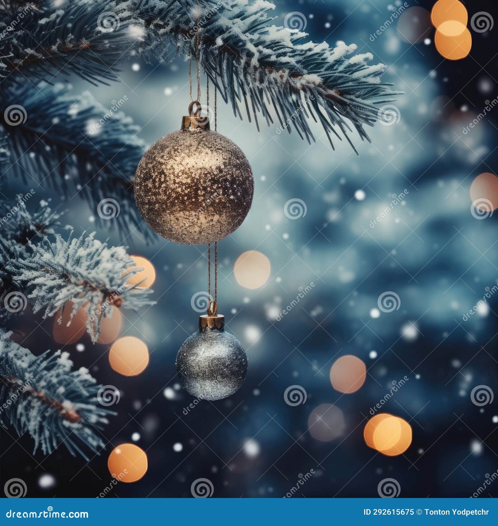 Christmas Pine Tree Christmas Balls with Bokeh Background Stock ...