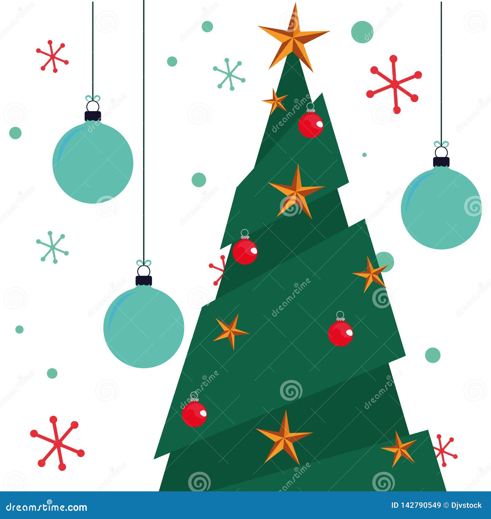 Christmas Pine Tree Balls and Snowflake Stock Vector - Illustration of ...