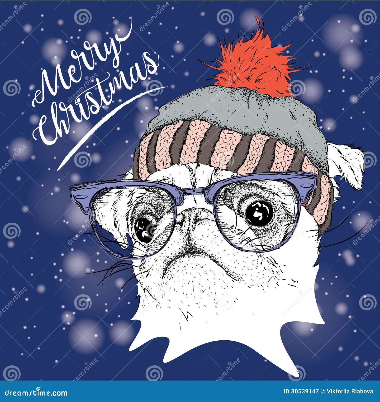 The Christmas Poster with the Image Pug Portrait in Winter Hat. Vector ...