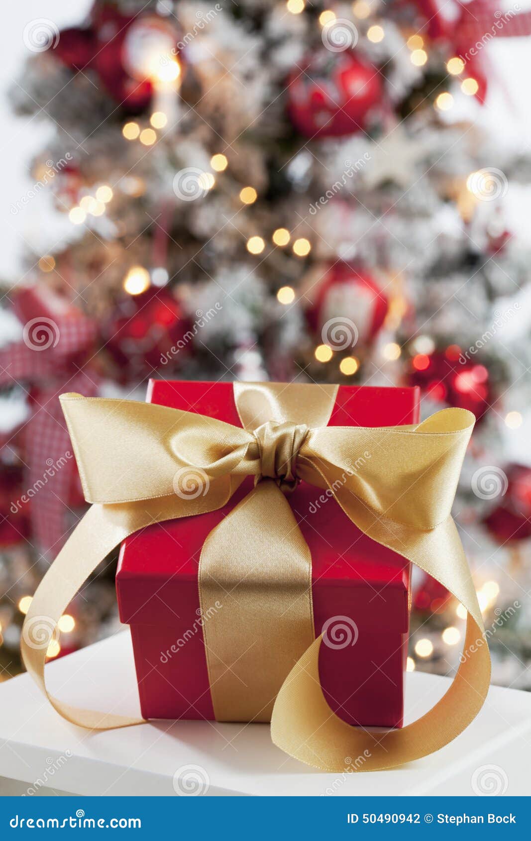 Christmas Present Close Up Christmas Tree in Background Stock Photo ...