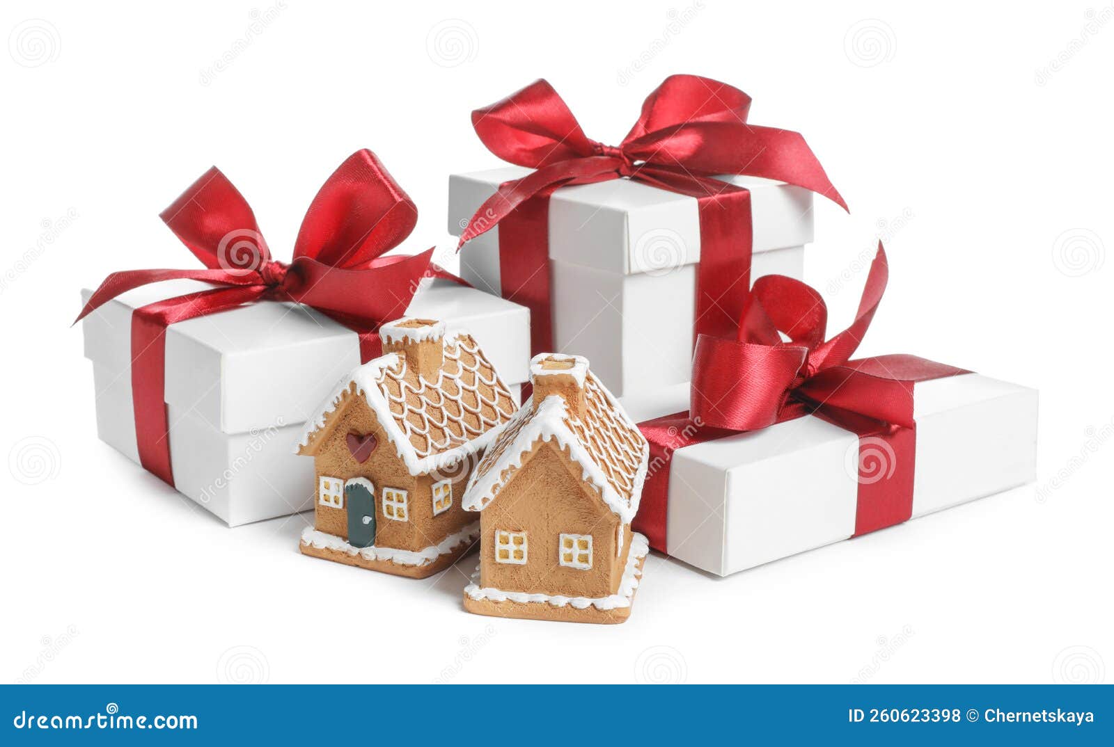 Christmas Present. Gift Boxes and Small Gingerbread Houses on White ...