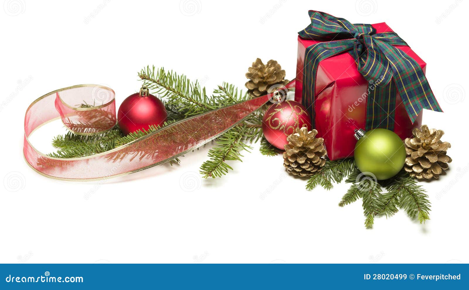 Christmas Present with Ribbon, Pine Cones and Ornaments Stock Image ...