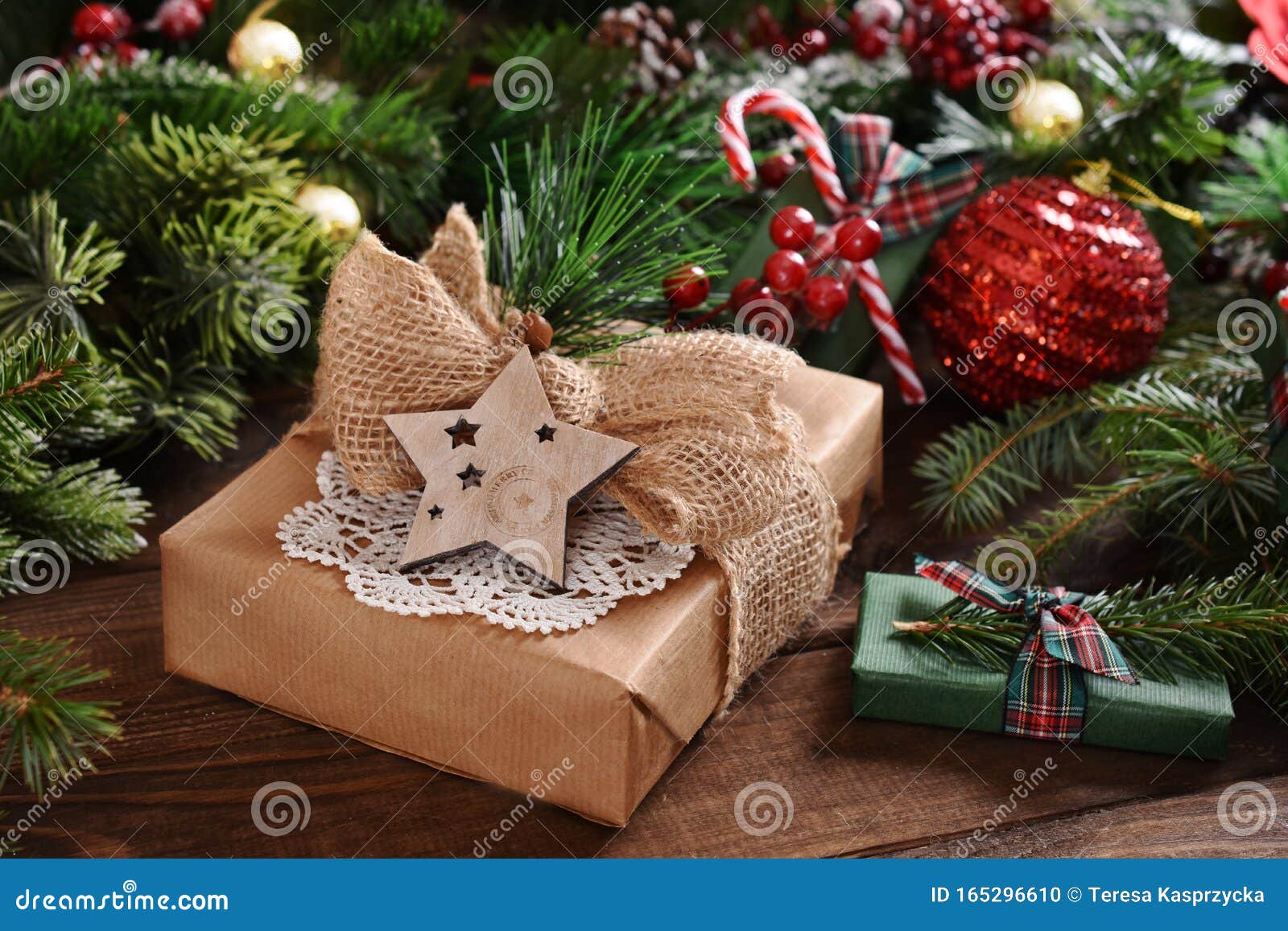 Christmas Present in Rustic Style Stock Photo - Image of table ...