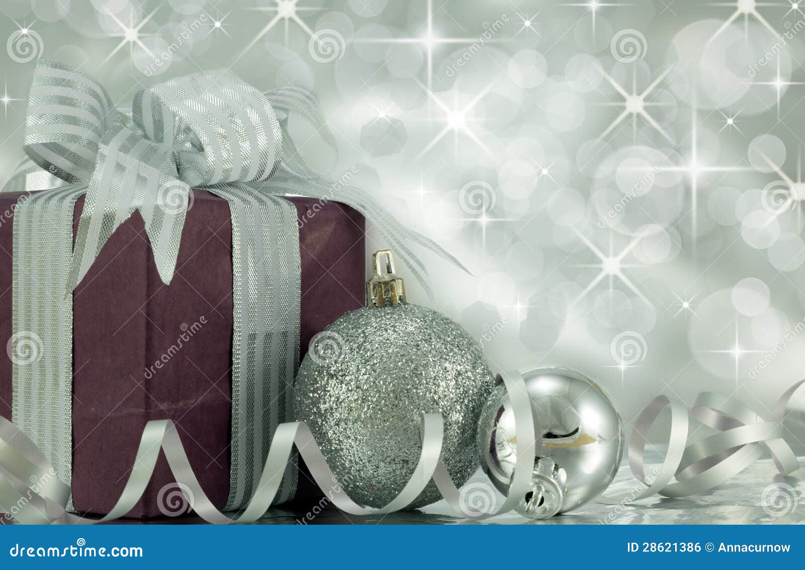 Christmas Present with Silver Baubles. Stock Photo - Image of tree ...