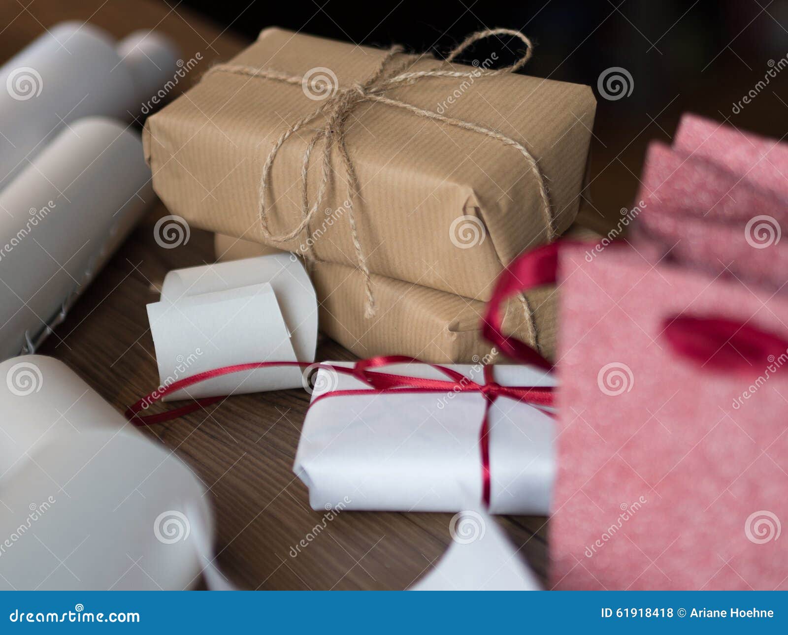 Christmas Presents and Bags on a Table Stock Photo - Image of present ...