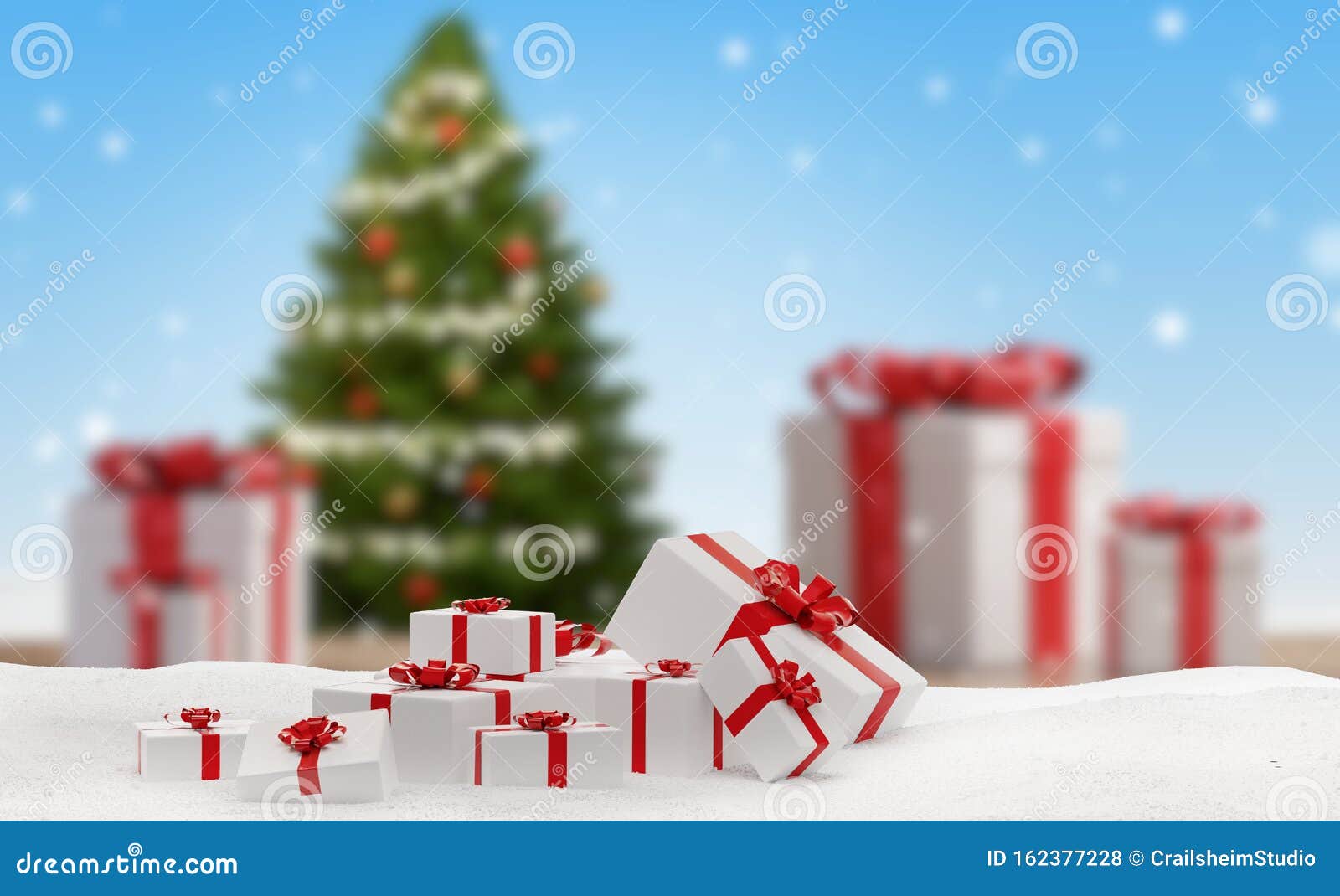 Christmas Presents in the Snow in Front of Christmas Tree 3d ...