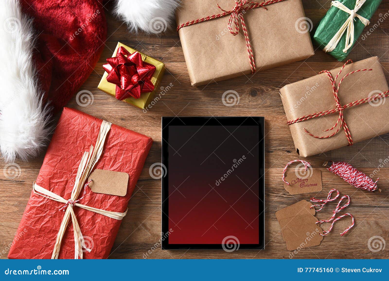 Christmas Presents Tablet Computer Stock Photo - Image of string ...