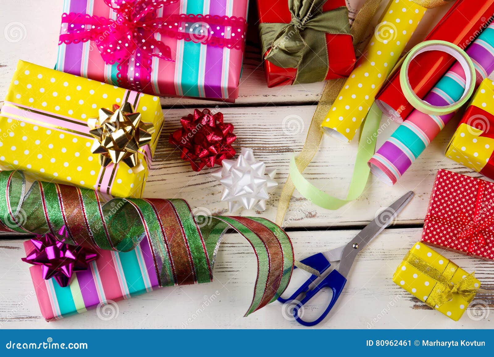 Christmas Presents, Wrapping Papers and Accessories. Stock Image ...