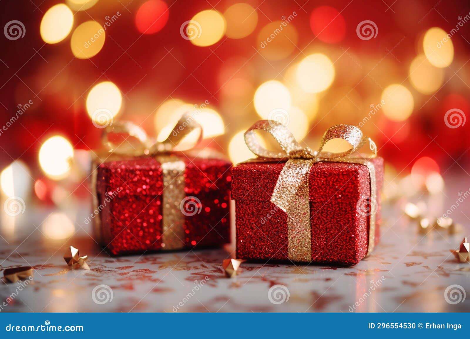 Christmas Red Gift Boxes with Bokeh Lights on Background. Stock Photo ...