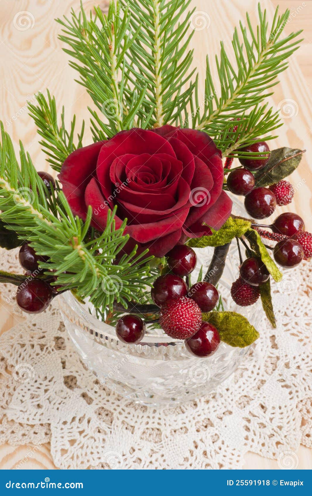 Christmas Red Rose and Berries Decorations. Stock Photo - Image of pine ...