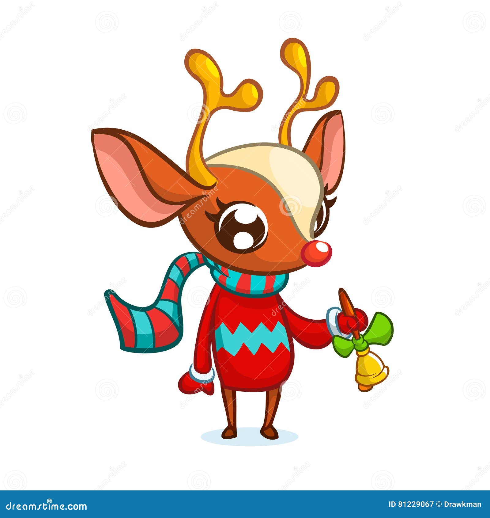 Christmas Reindeer in Santa Hat Ringing a Bell. Vector Illustration ...