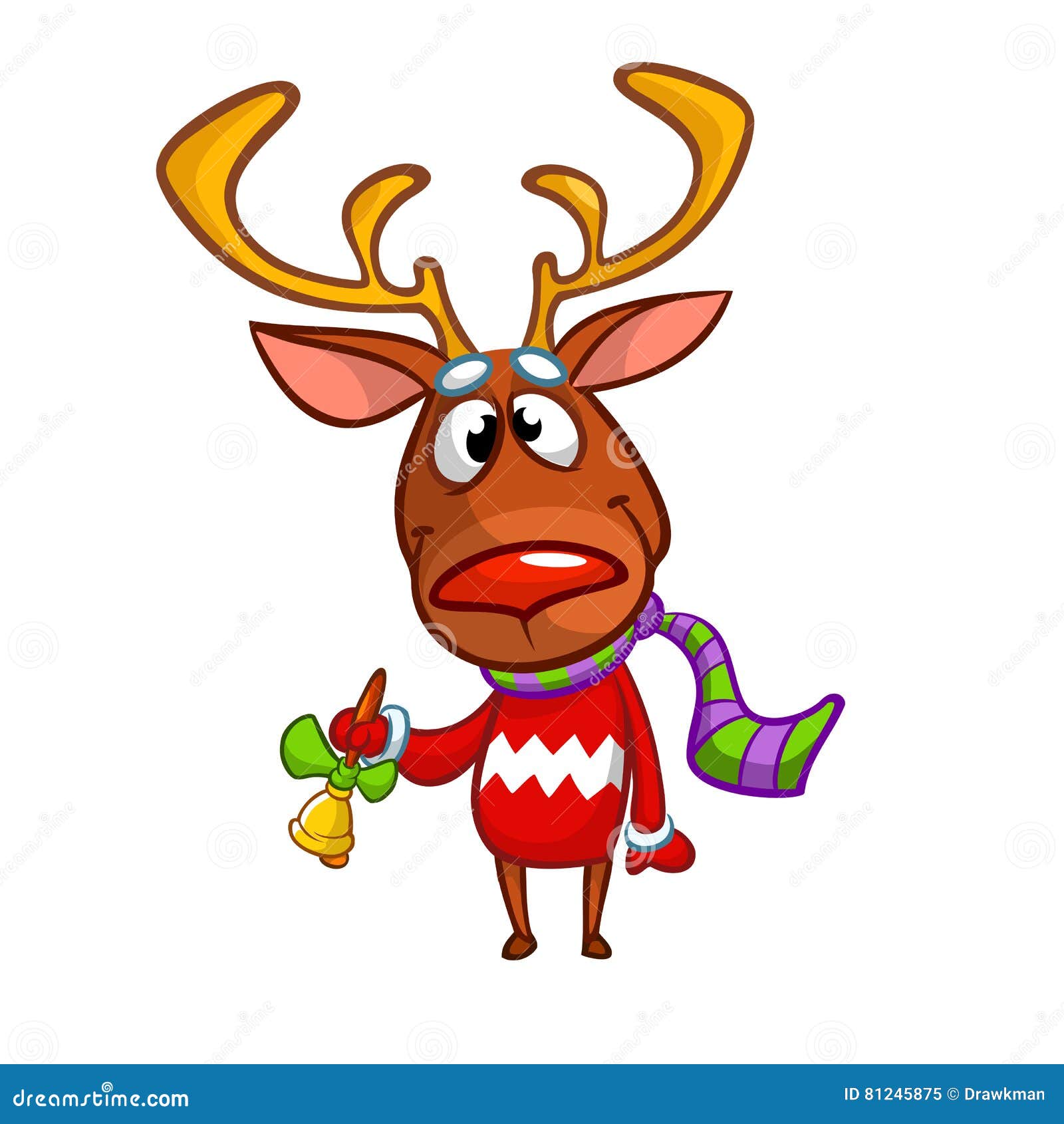 Christmas Reindeer in Santa Hat Ringing a Bell. Vector Illustration ...