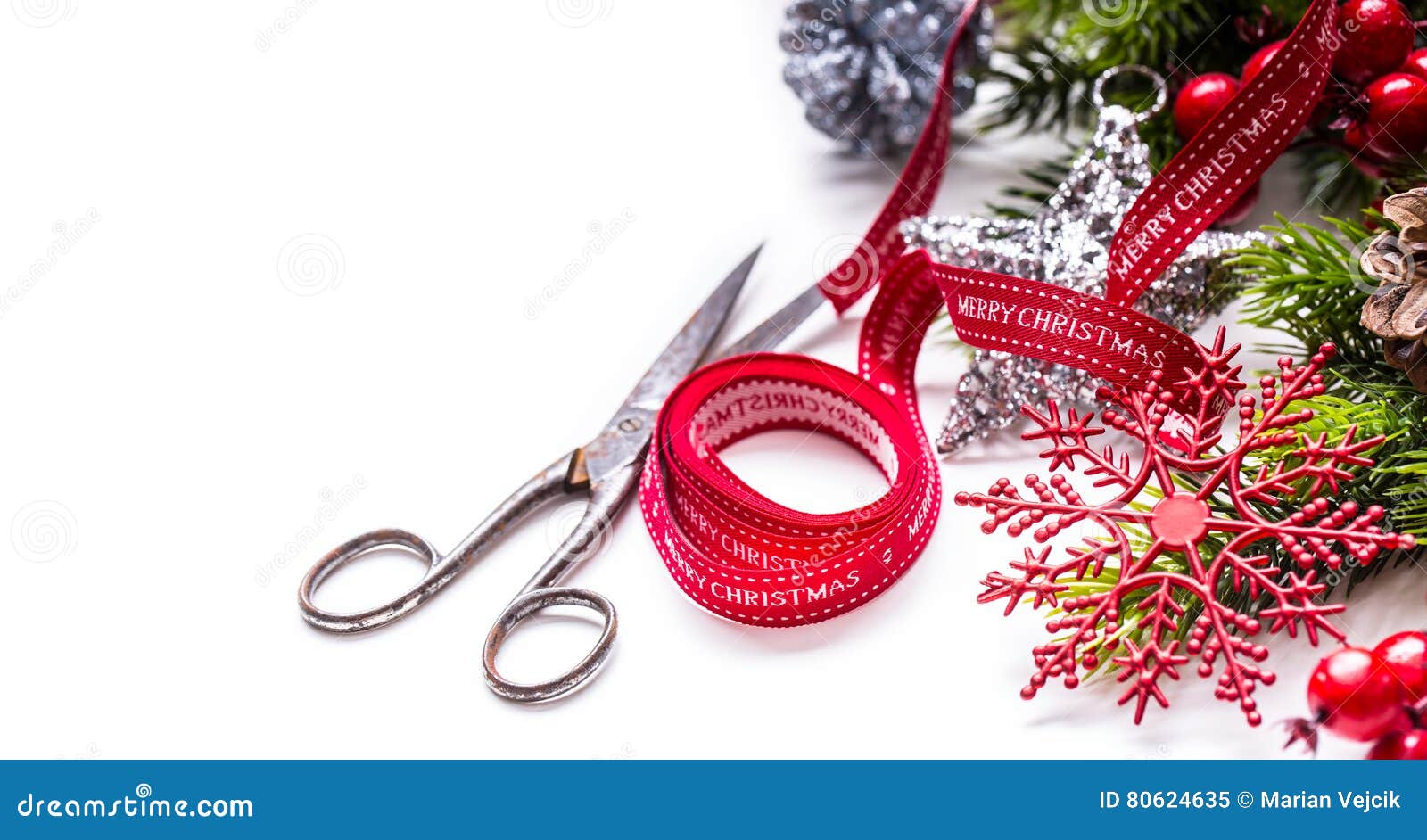 Christmas Ribbon Scissors Decorations Border Design Stock Image - Image ...