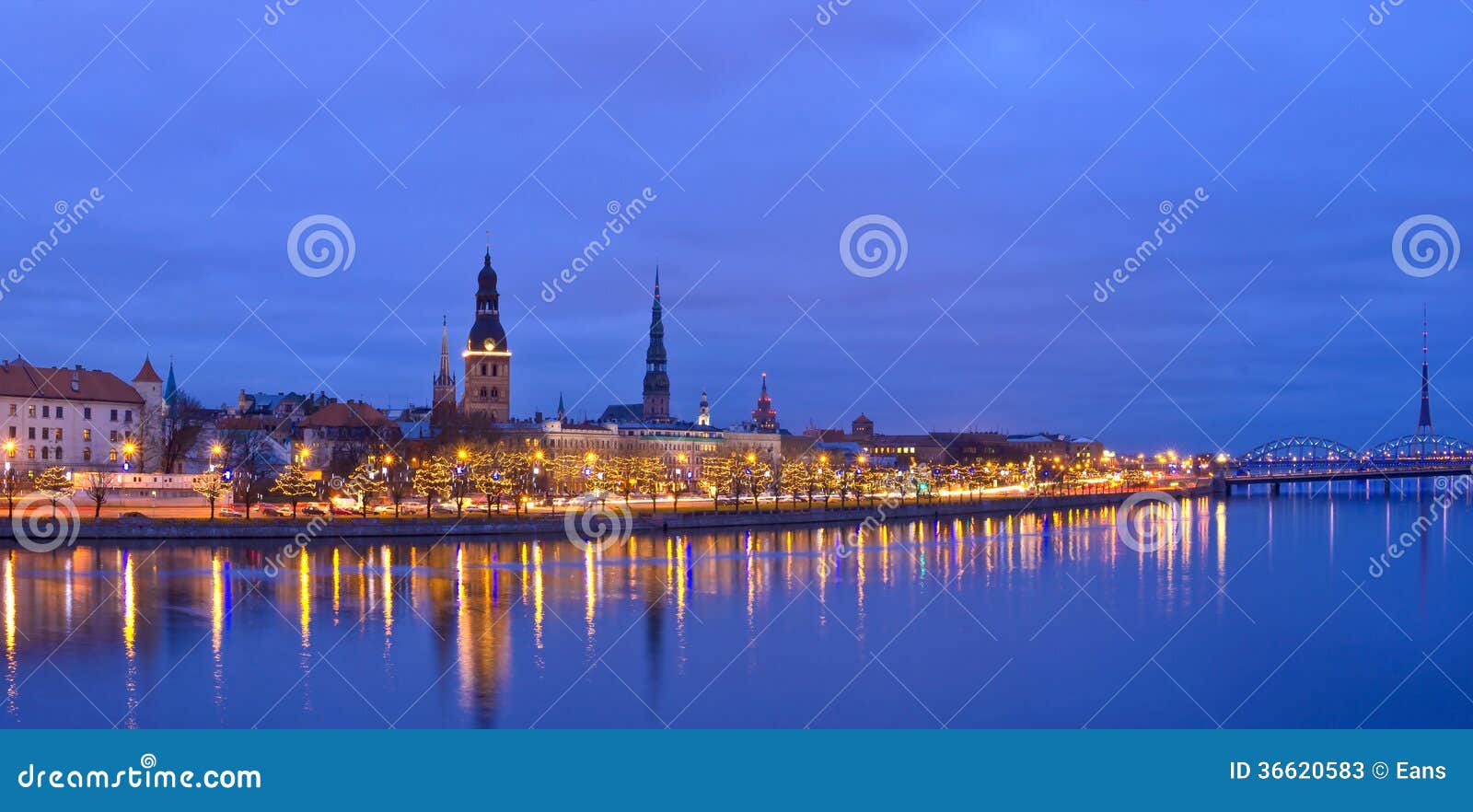 Christmas Riverside View of Old City of Riga, Latvia Stock Image ...