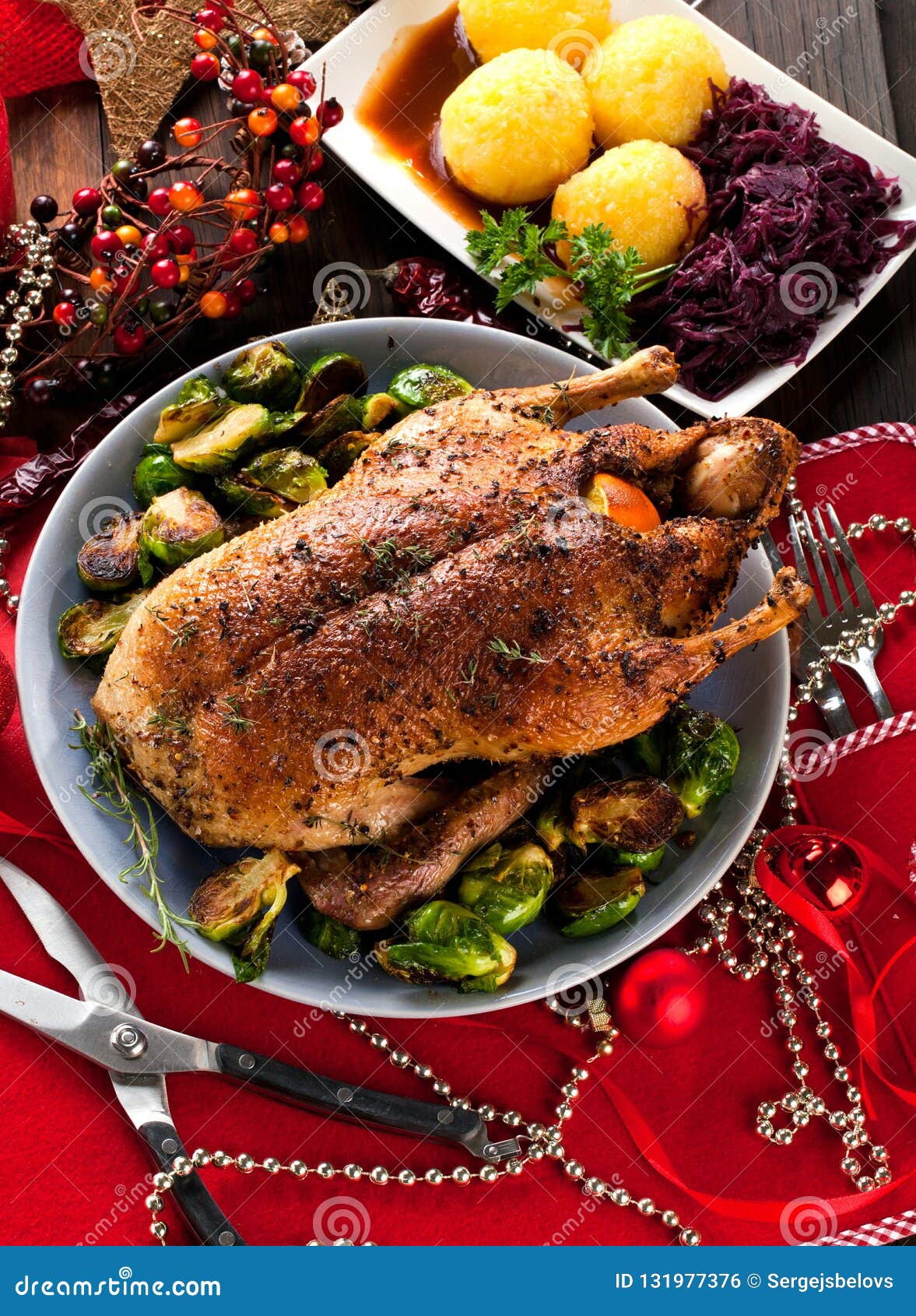 Christmas Roast Duck Served on a Festive Table Stock Photo - Image of ...
