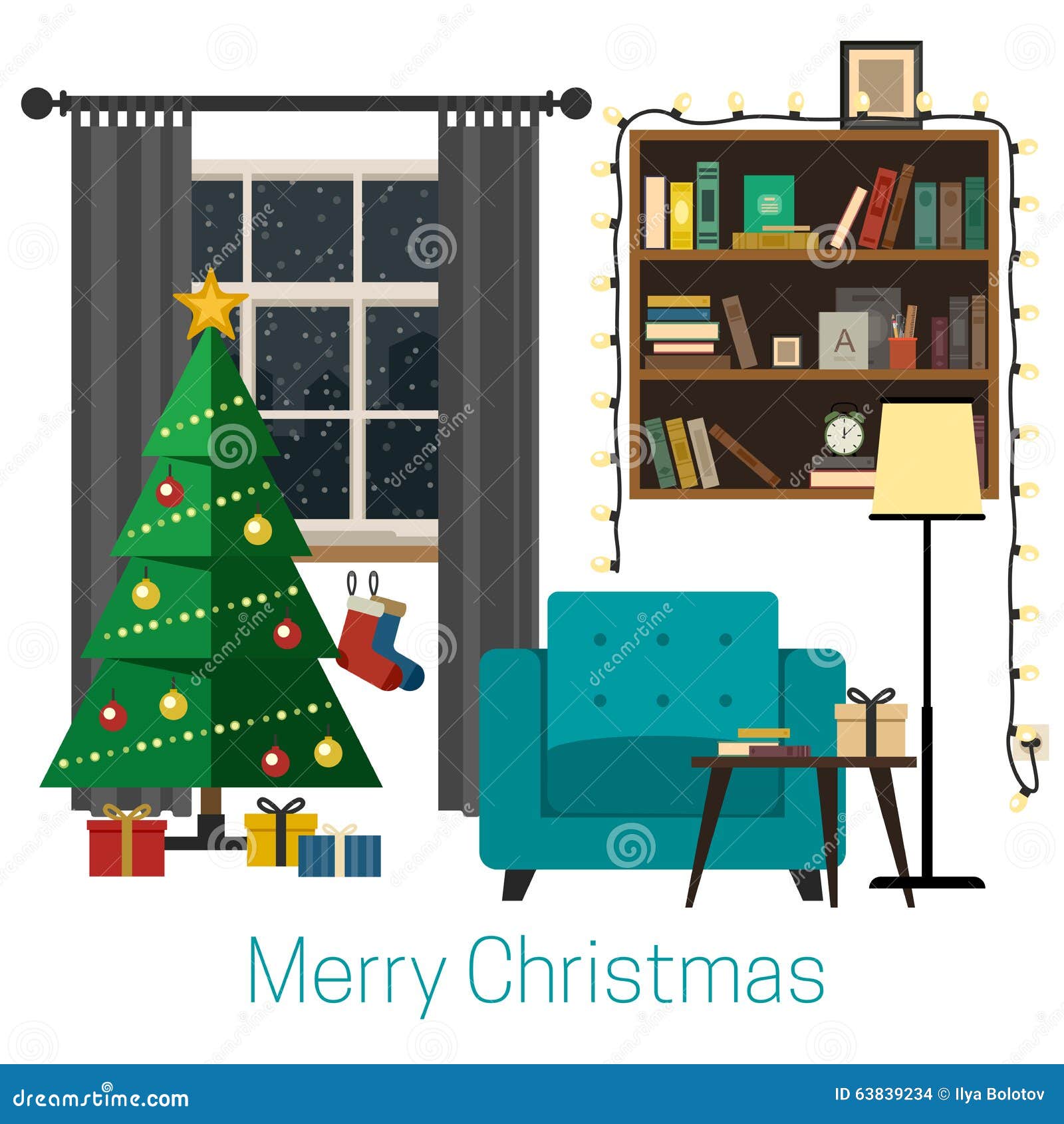 Christmas room interior. stock vector. Illustration of happy - 63839234