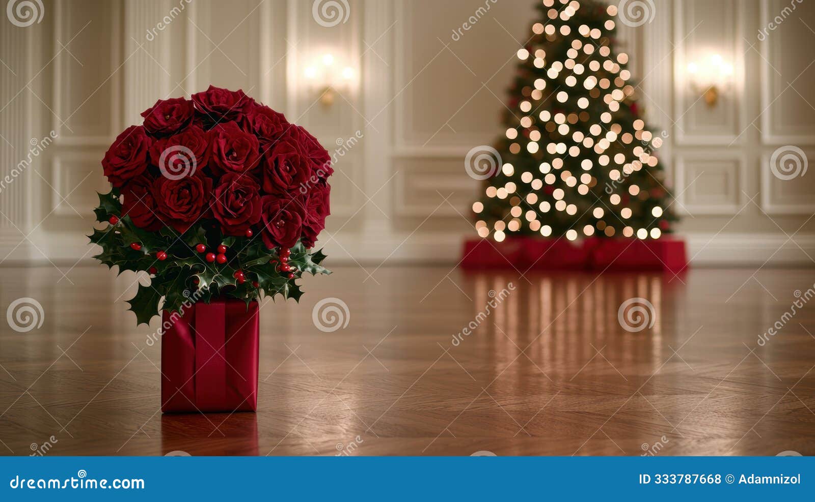 Christmas Roses Tree With Purpe Decorations And A Large Golden Star On ...