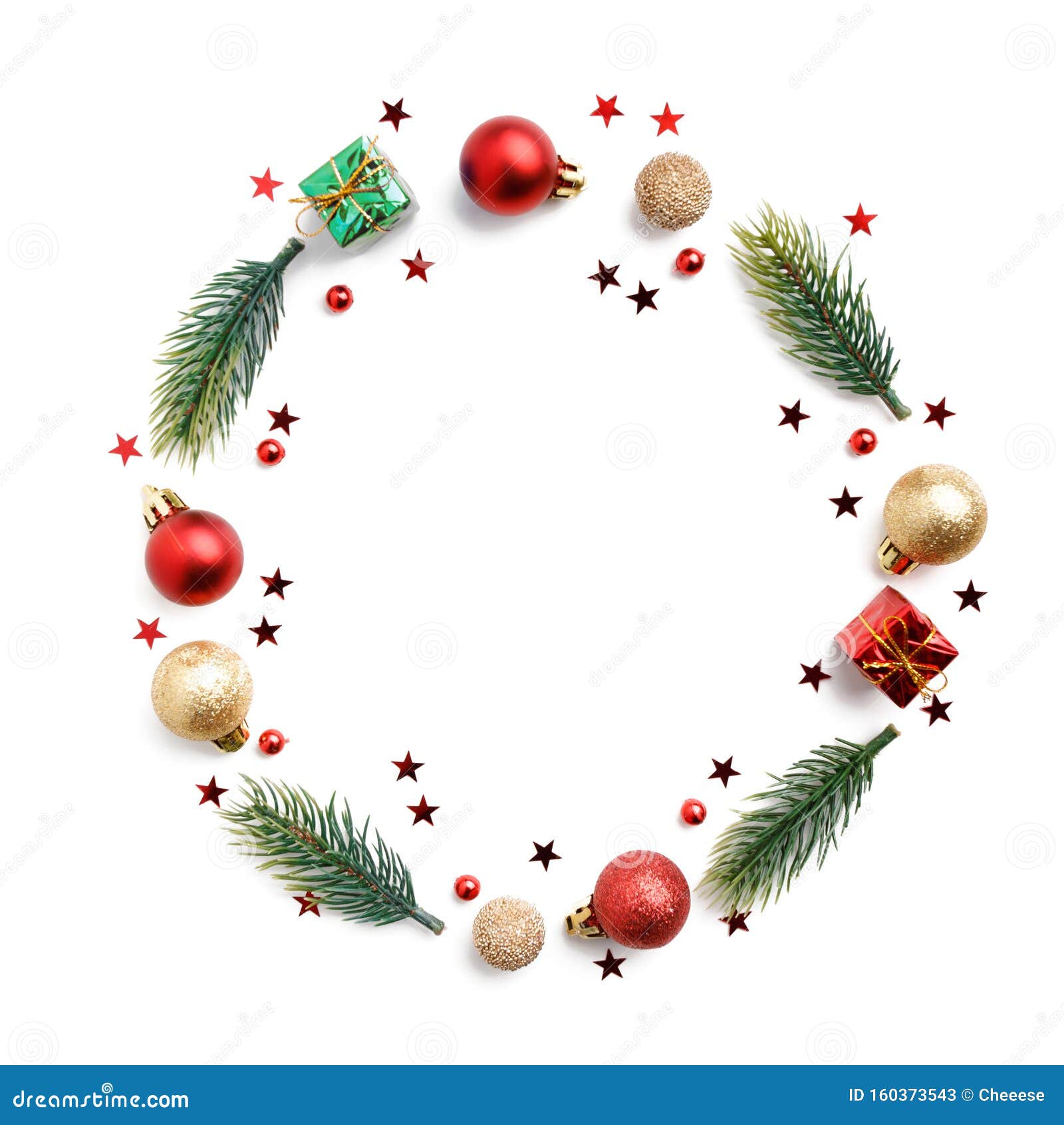 Christmas Round Frame From Branches And Decorations Isolated On White ...