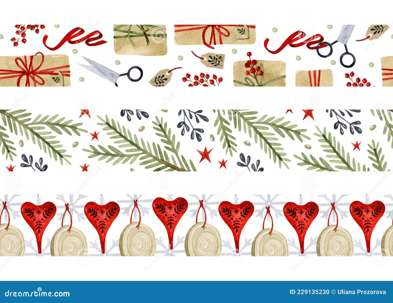 Christmas Rustic Seamless Borders Watercolor Template Stock Vector ...