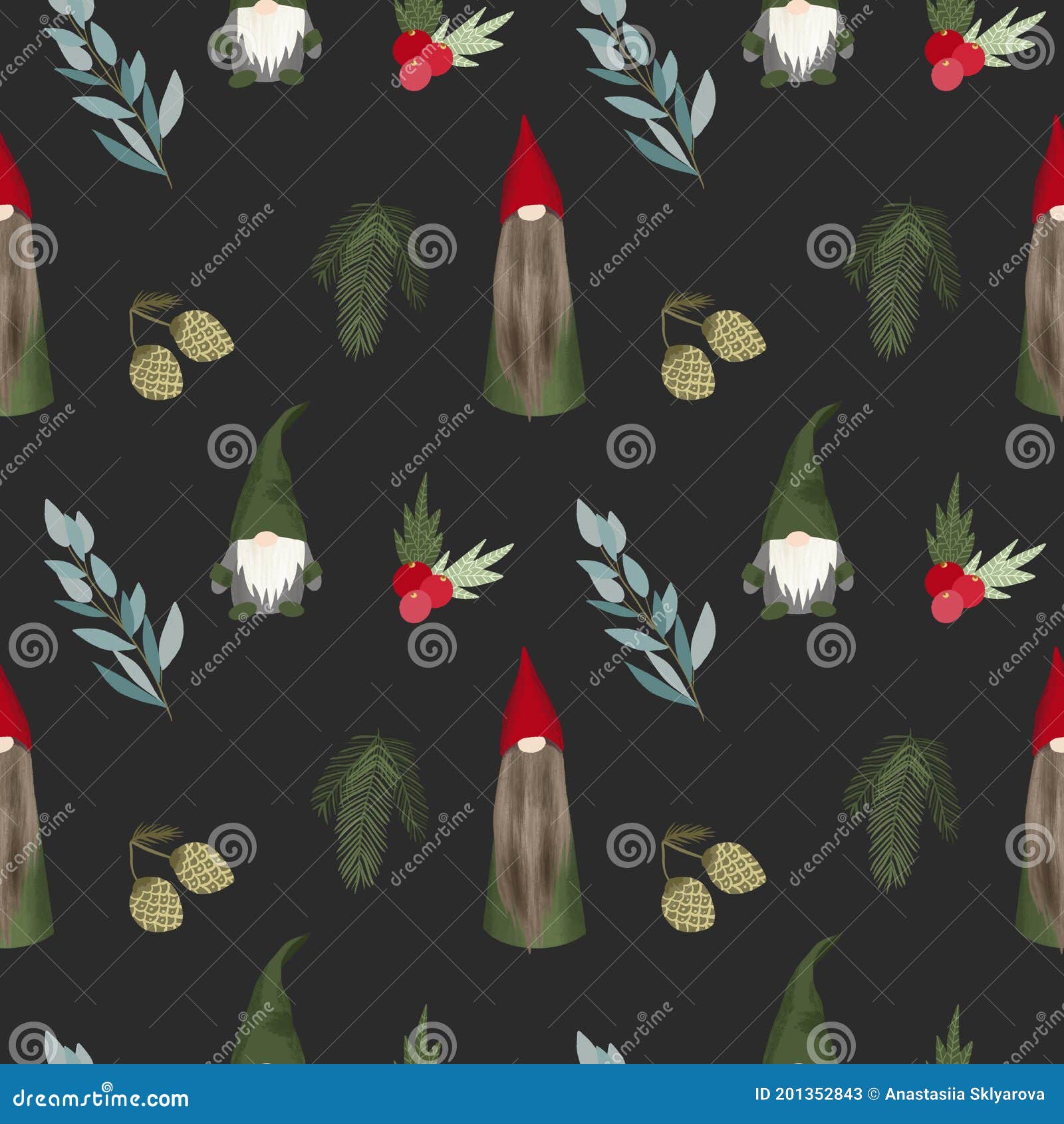 Christmas Scandinavian Trolls and Floral Elements Seamless Pattern ...
