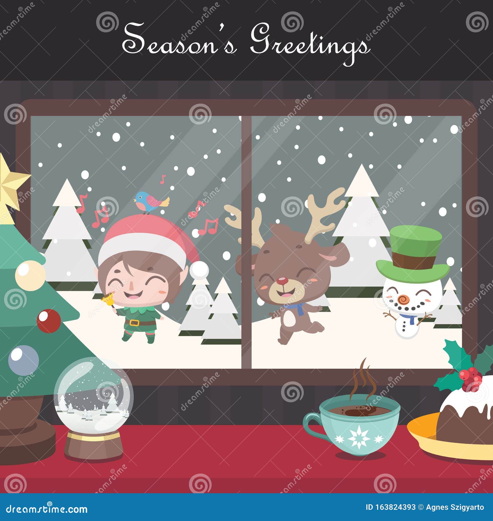 Christmas Scene Background with Singing Elf, Reindeer and Snowman Stock ...