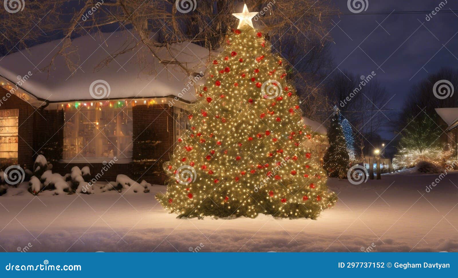 Christmas Scene with Christmas Decorations, Snow on the Houses ...