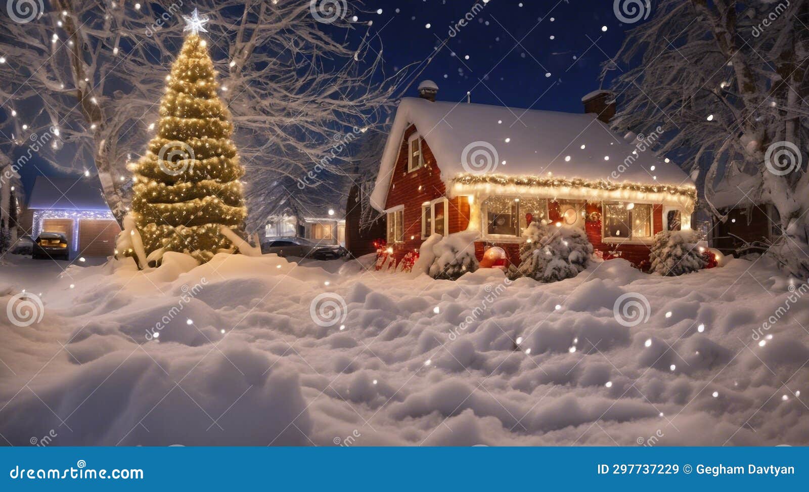 Christmas Scene with Christmas Decorations, Snow on the Houses ...
