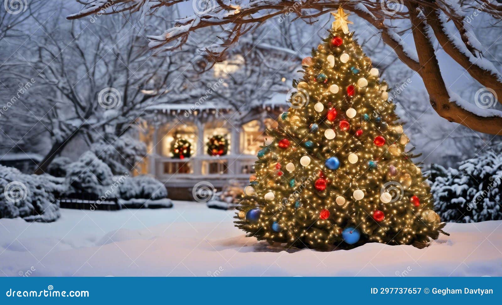 Christmas Scene with Christmas Decorations, Snow on the Houses ...
