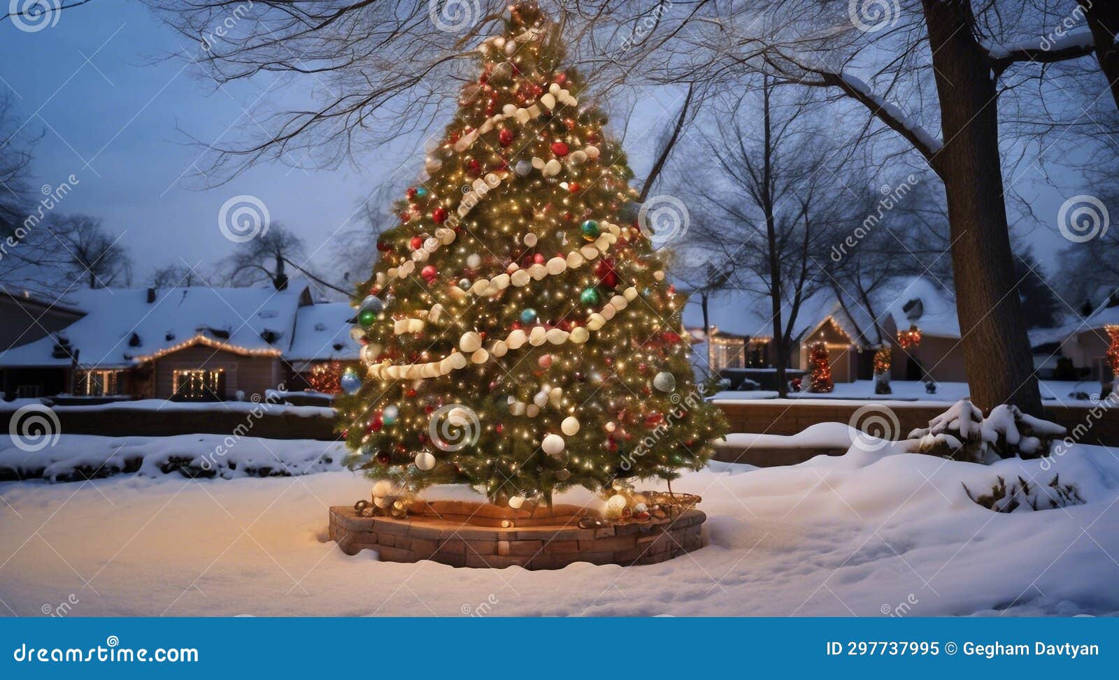 Christmas Scene with Christmas Decorations, Snow on the Houses ...