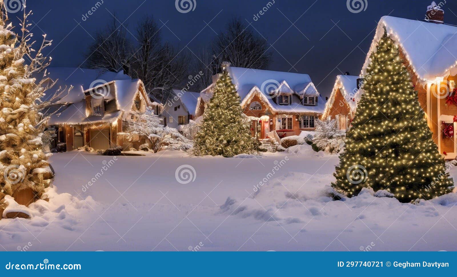 Christmas Scene with Christmas Decorations, Snow on the Houses ...