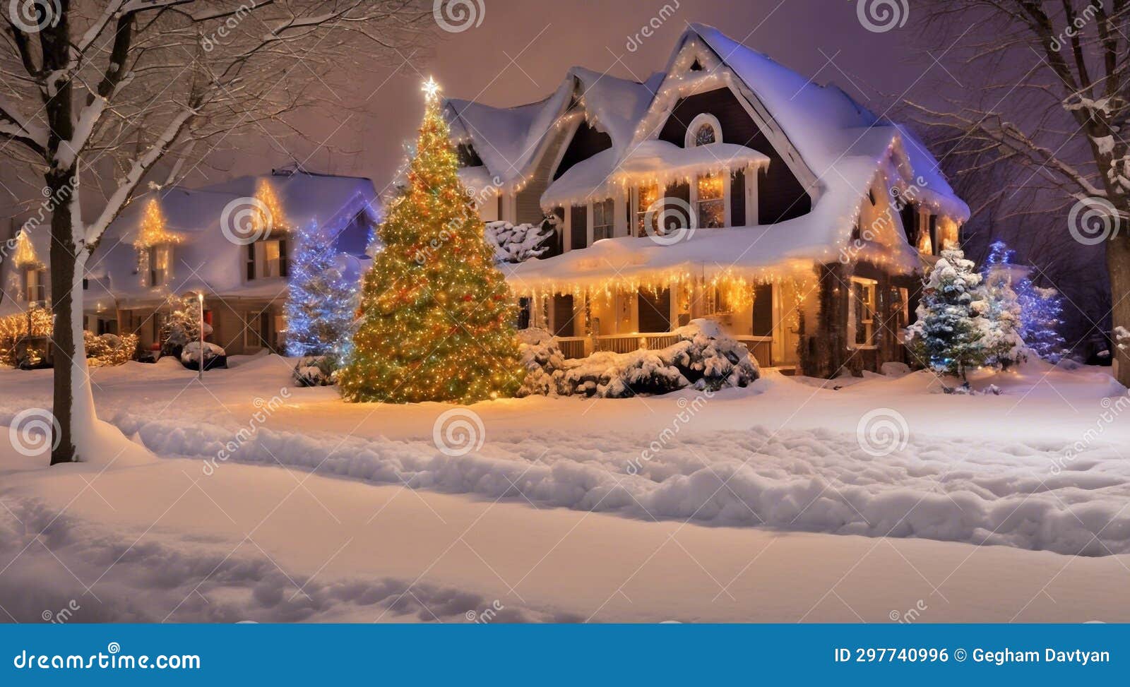 Christmas Scene with Christmas Decorations, Snow on the Houses ...