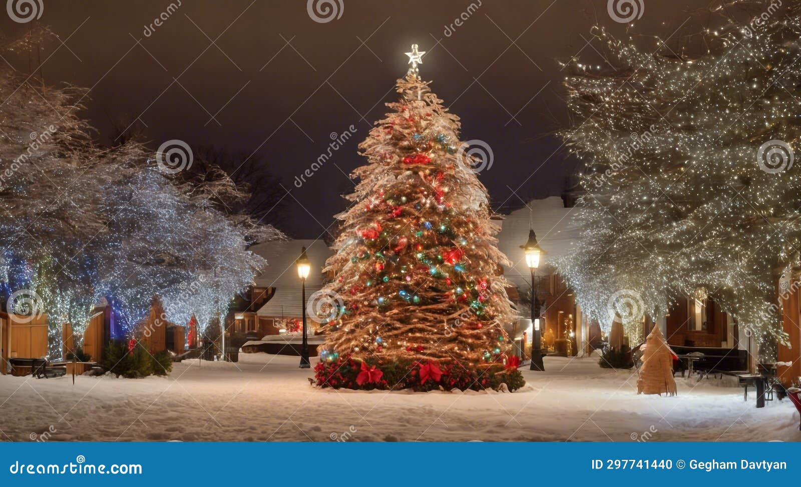 Christmas Scene with Christmas Decorations, Snow on the Houses ...