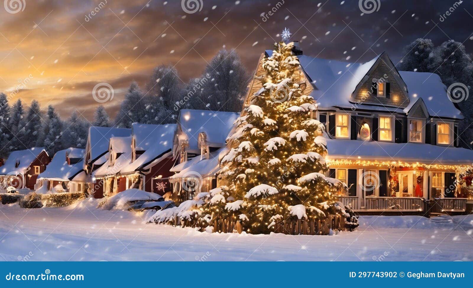 Christmas Scene with Christmas Decorations, Snow on the Houses ...