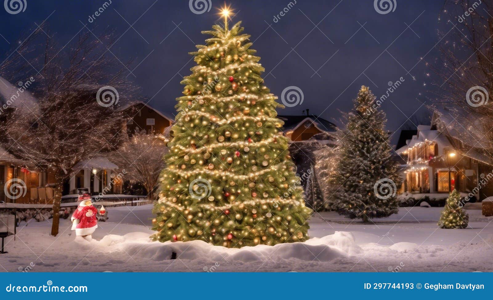 Christmas Scene with Christmas Decorations, Snow on the Houses ...